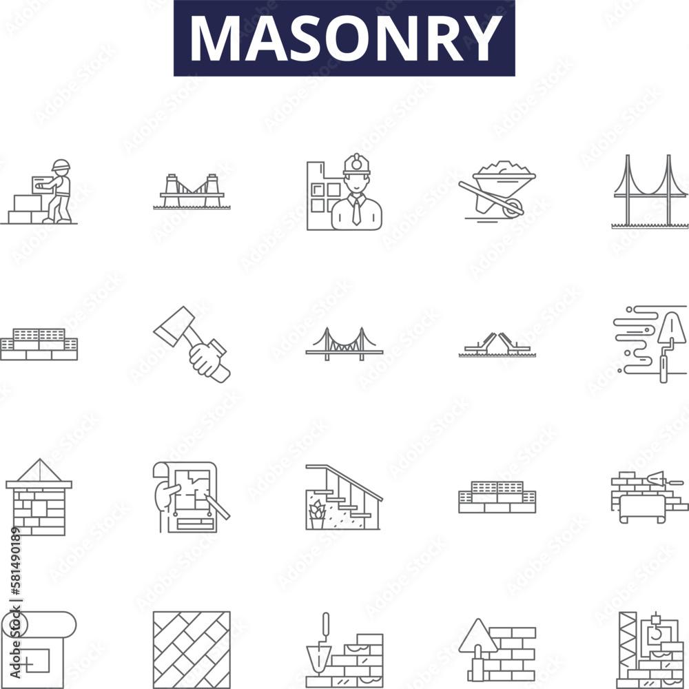 Masonry line vector icons and signs. bricklaying, tiling, pointing ...