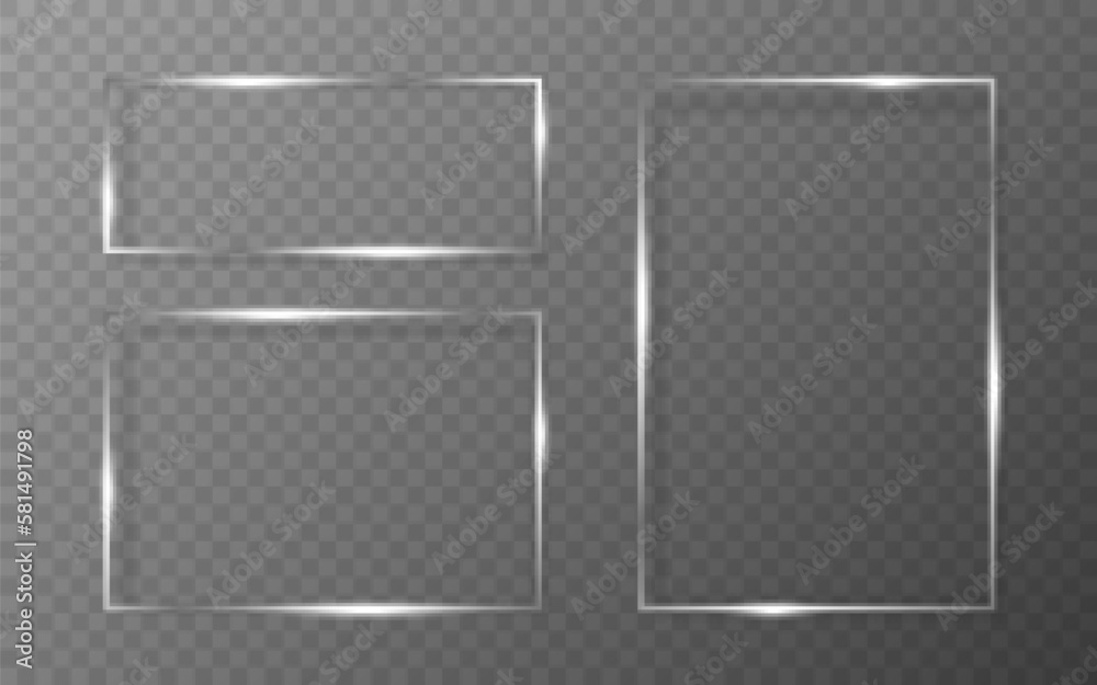 Silver frames collection. Glowing squares on transparent backdrop. Thin ...