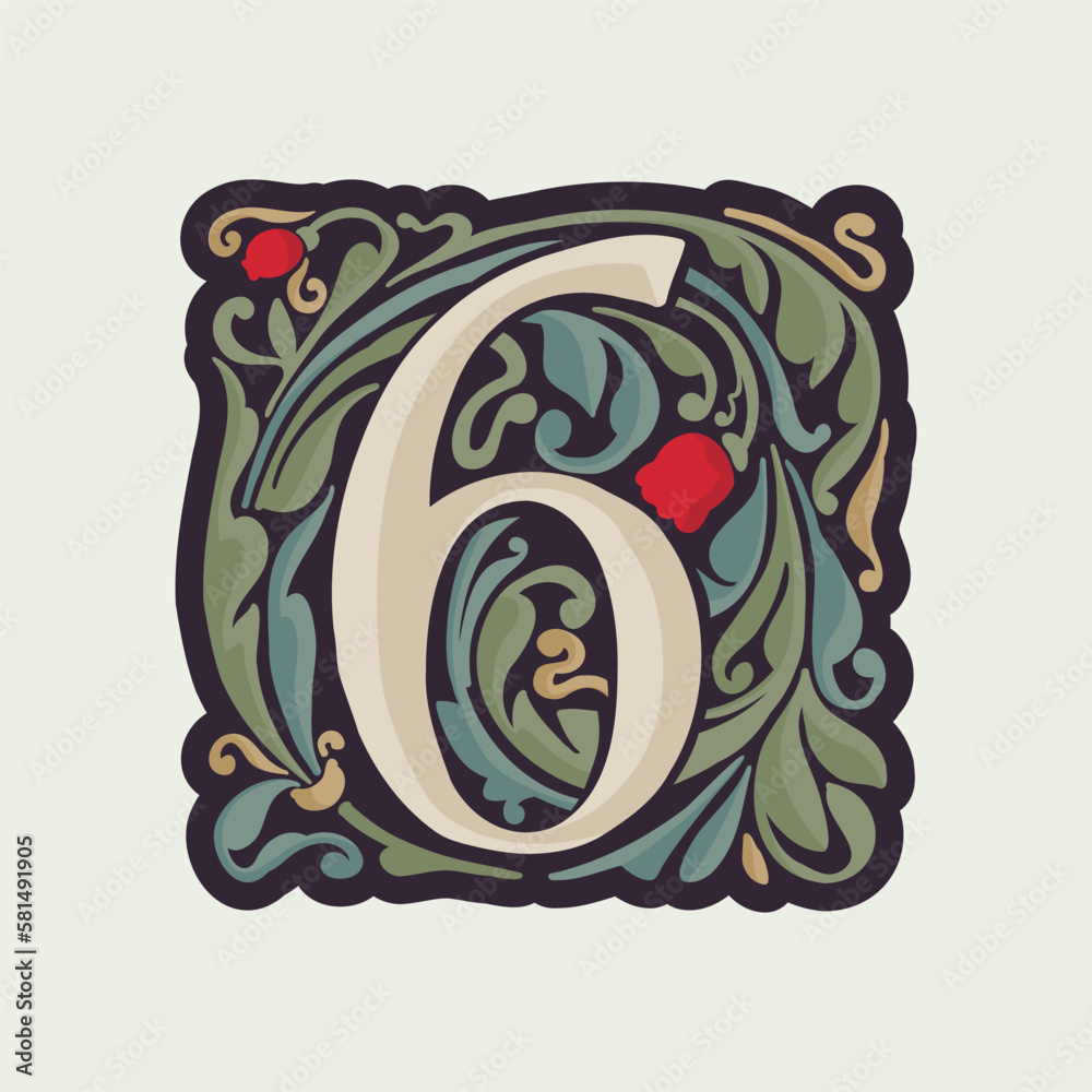 Number six illuminated initial with curve leaf ornament and tulips ...