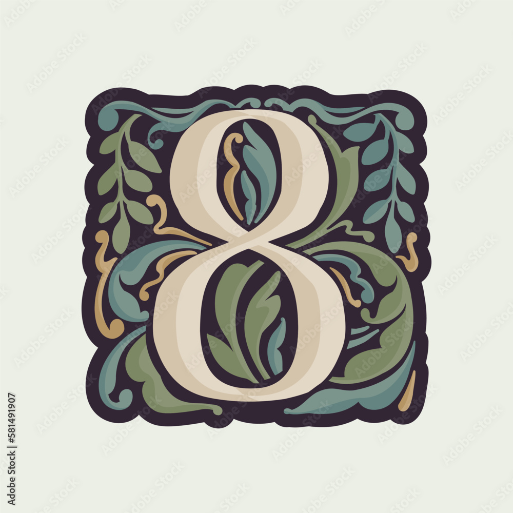Number eight illuminated initial with curve leaf ornament and tulips ...