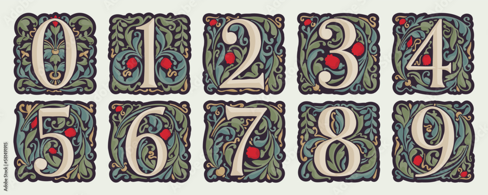 Numbers set illuminated initials with curve leaf ornament and tulips ...