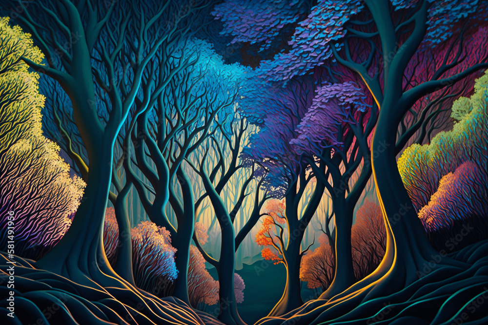 Forest filled with prismatic trees made from twisted fiber and paint ...