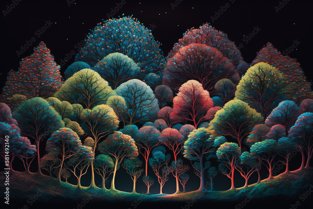 Forest filled with prismatic trees made from twisted fiber and paint ...