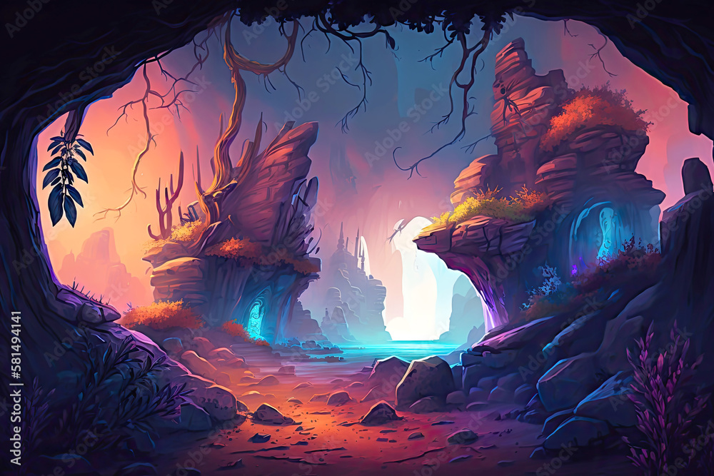 Cartoon fantasy landscape with empty space. Game background for TCG. Fantasy, casual, colorful ...