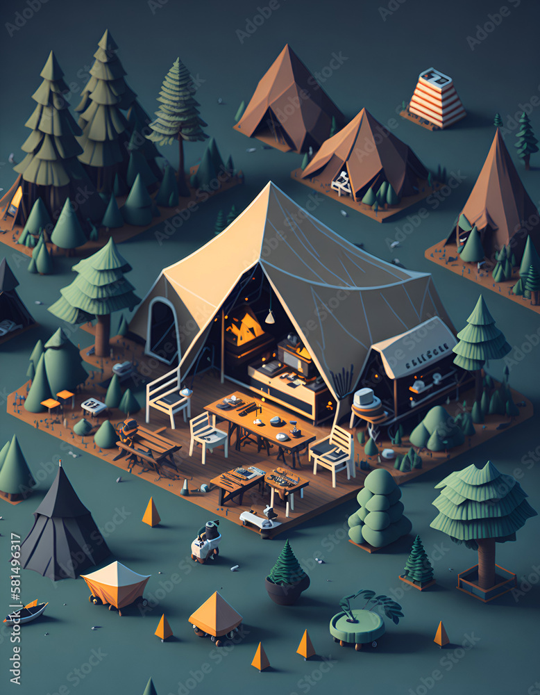 Isometric graphic image camping site in the forest. There are tents of ...