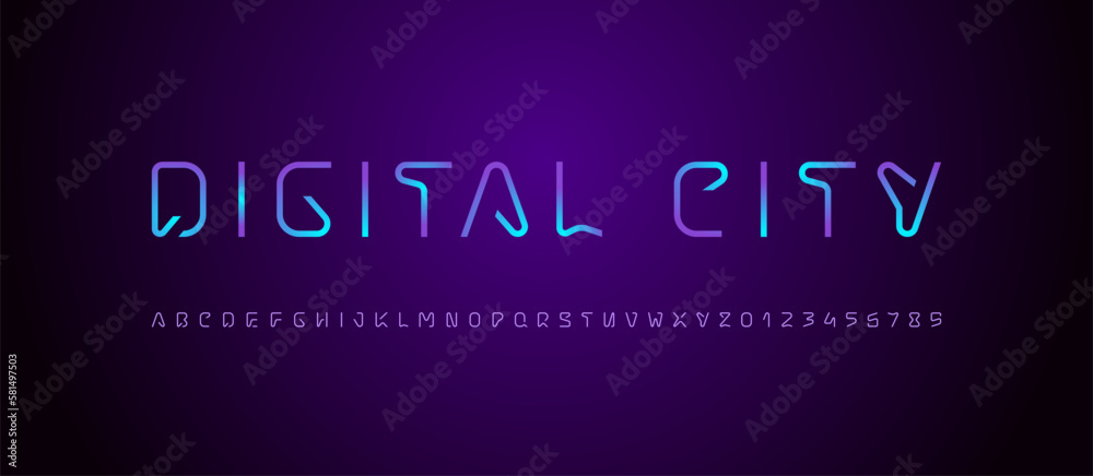 Technical bright font, thin digital alphabet, trendy uppercase Latin ...