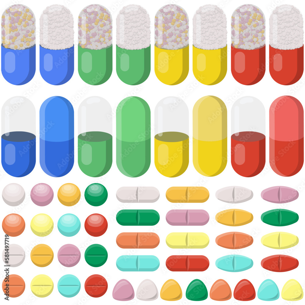 Set of different pharmaceutical pills, capsules vector illustration ...
