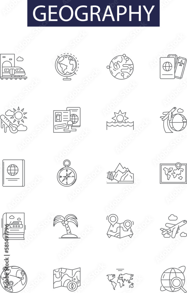 Geography line vector icons and signs. oceans, terrain, landforms ...