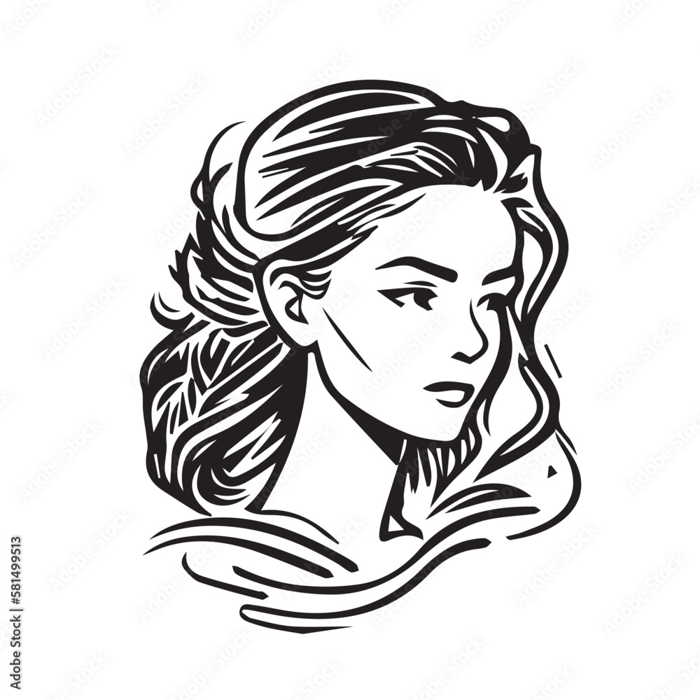 Beautiful woman face. Hand drawn vector illustration of female face. Head logo. Stock Vector ...