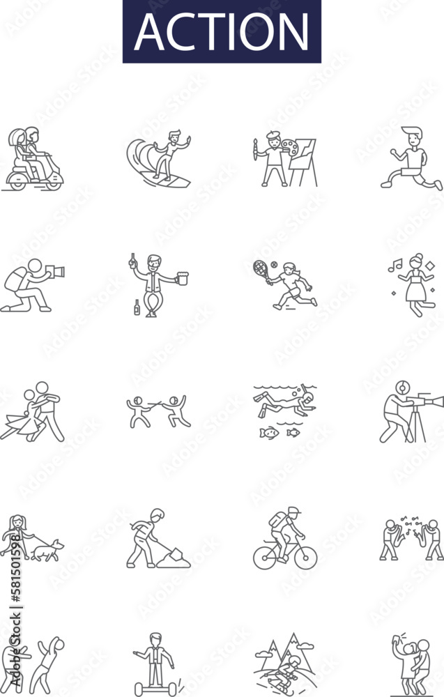 Vetor de Action line vector icons and signs. Do, Move, Execute, Perform ...