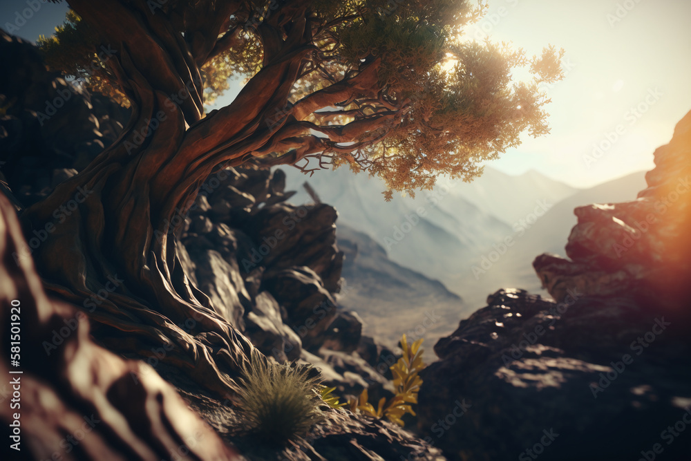 a close up a tree with the mountainous background, naturalism ...