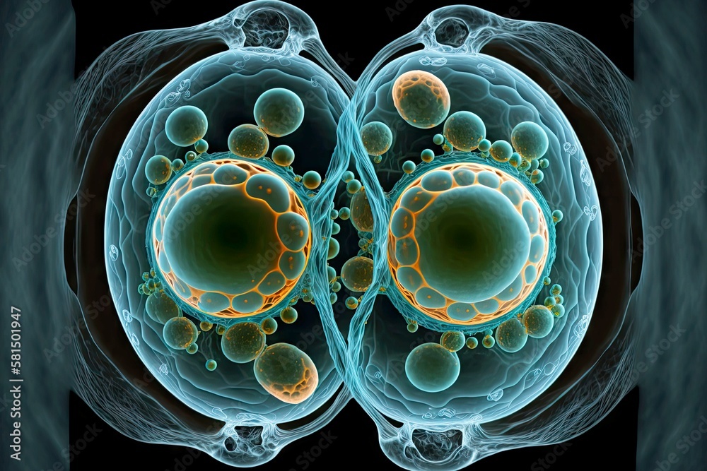 transparent cell with two nuclei in process of cell division, created ...