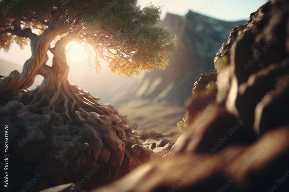 a close up a tree with the mountainous background, naturalism ...