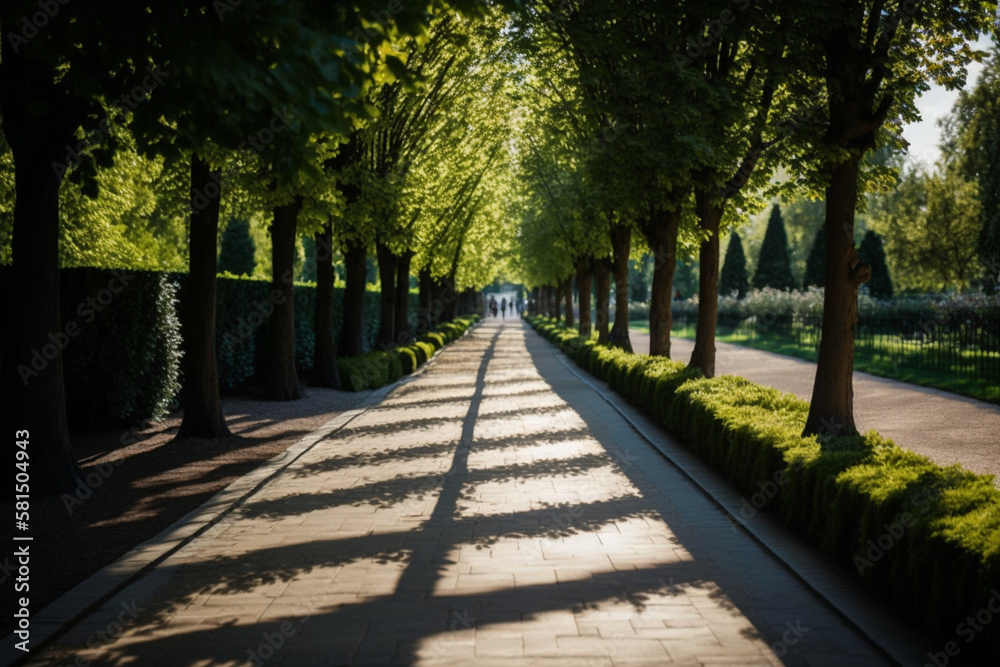 pathway in the middle of the green leafed trees with the sun shining ...