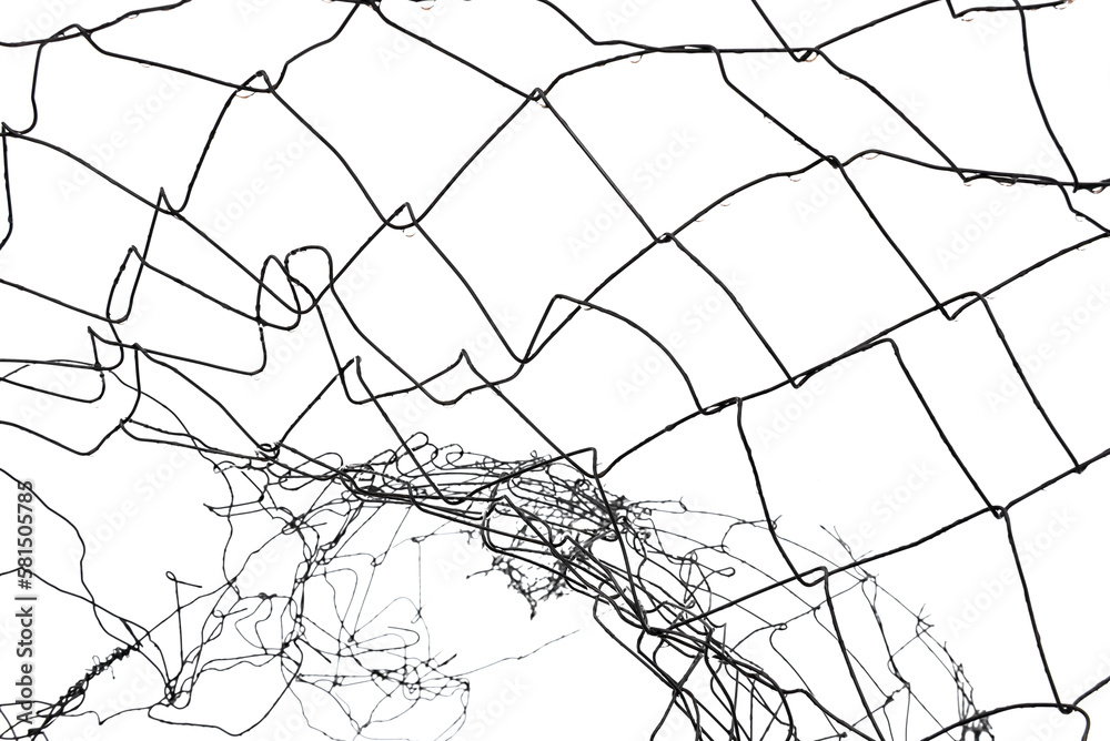 The texture of the metal mesh. Torn, destroyed, broken metal mesh on a ...