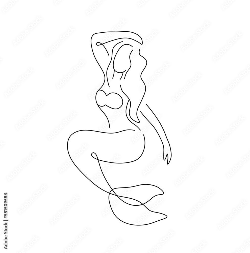 Vector isolated one single line sitting mermaid woman girl colorless ...