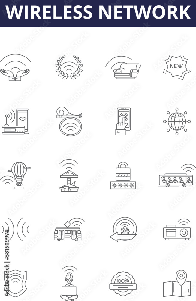 Wireless network line vector icons and signs. Network, Wifi, Router, Hotspot, Signal, Connection ...