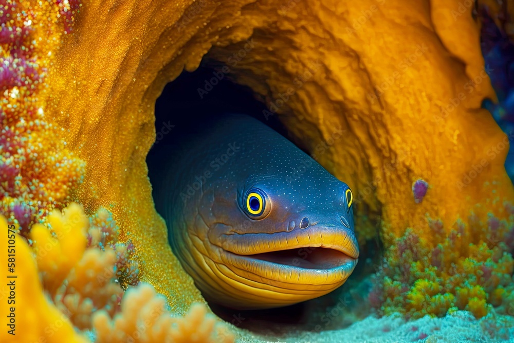 head of moray eel peeking out of underwater burrow at bottom of sea ...