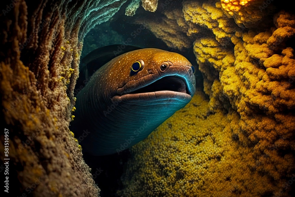 predatory moray eel swims along narrow passage in underwater cave ...