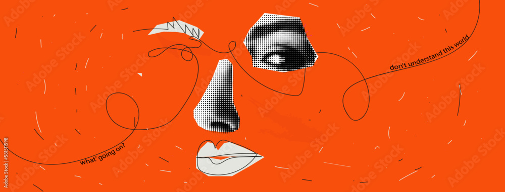 Punk face collage. A concept on anxiety and confusion. Movement on an ...