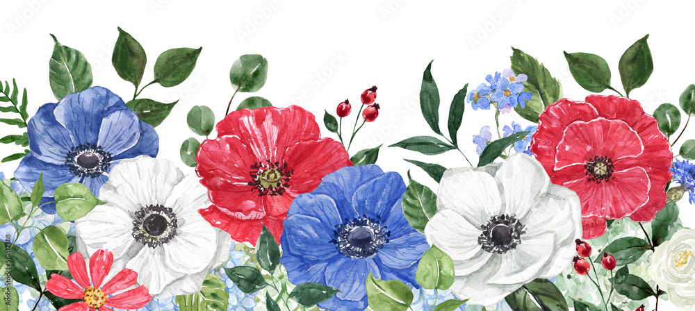 Botanical border. Watercolor red, blue and white flowers frame. Holiday ...