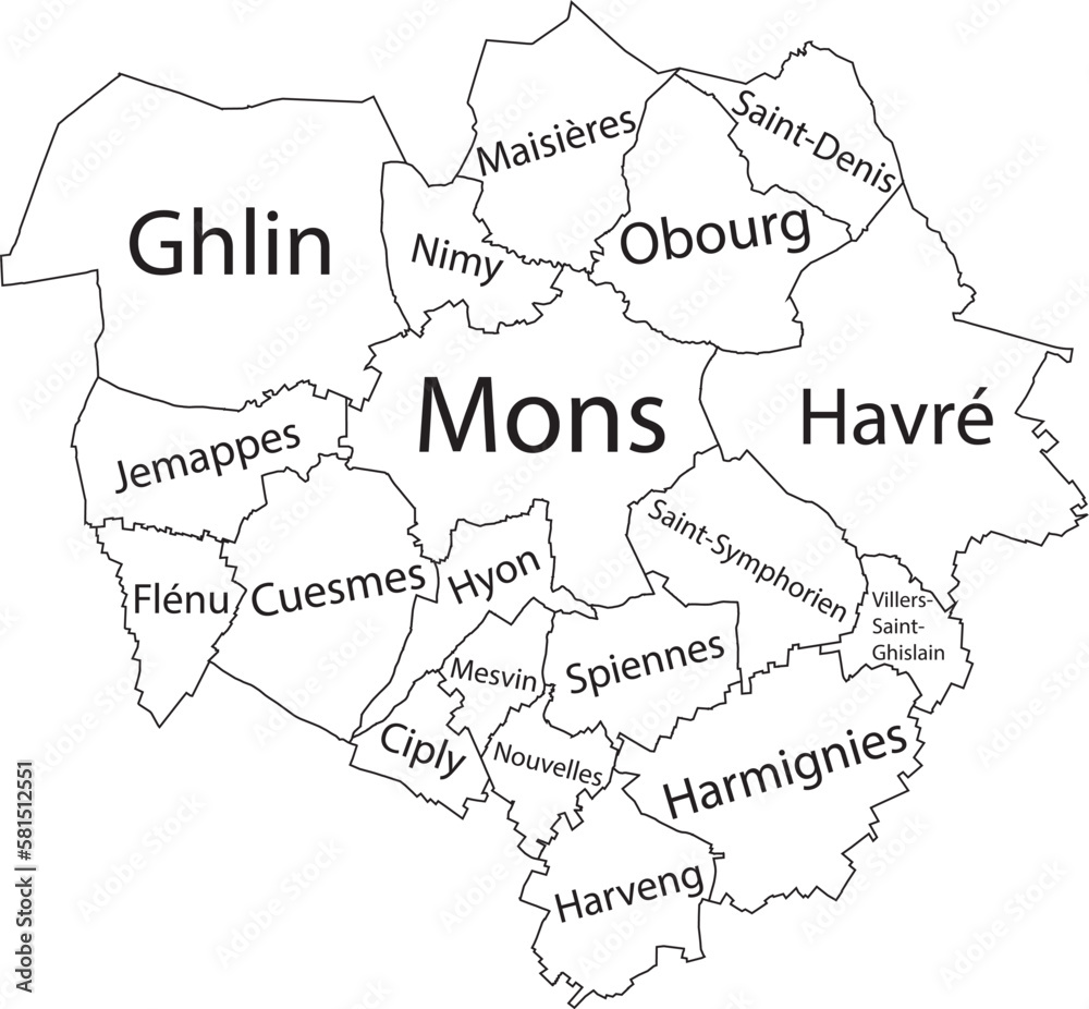 White flat vector administrative map of MONS, BELGIUM with name tags ...