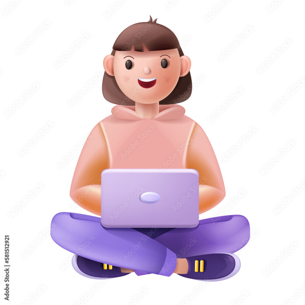 3D kid online, school remote education concept, vector cartoon sitting ...