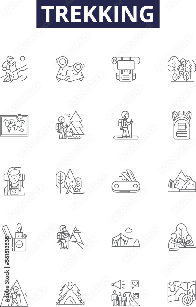 Trekking line vector icons and signs. Climb, Backpacking, Tramping ...
