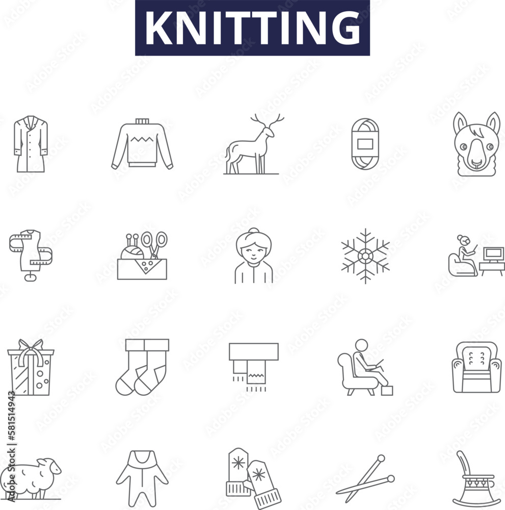 Knitting line vector icons and signs. yarn, pattern, loom, crochet ...