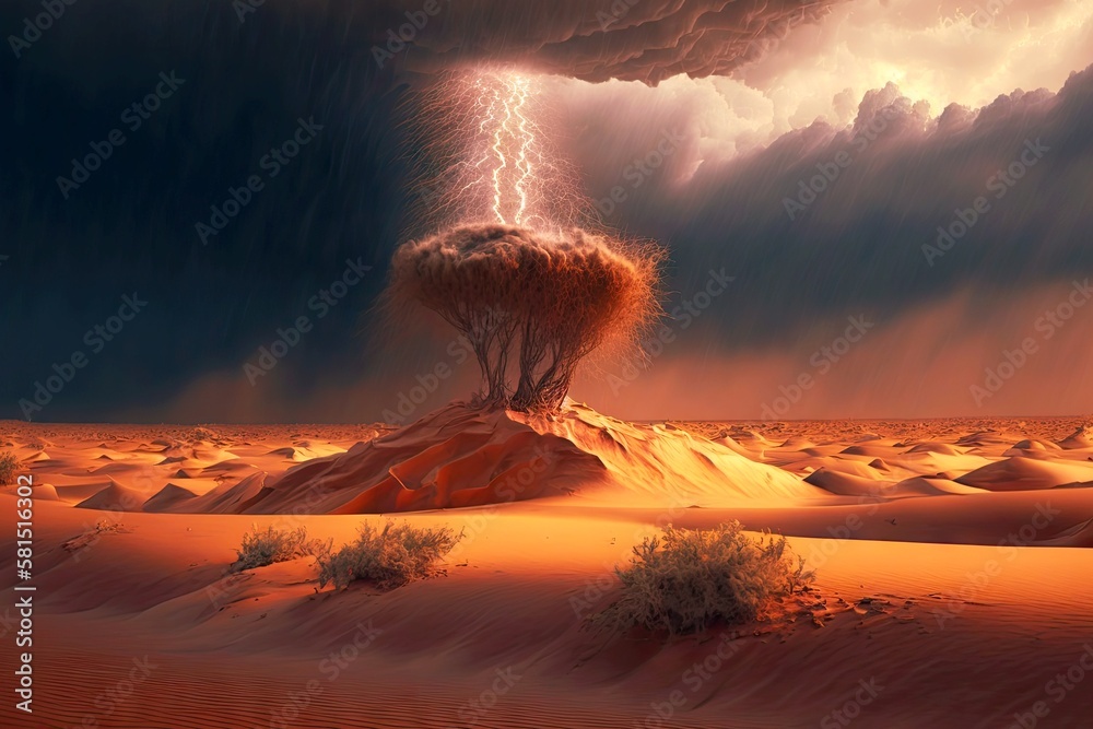 thunder storm rages over desert dune natural disaster , made with ...