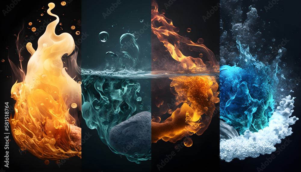 4 elements, background image in a mixed style, dark background and ...