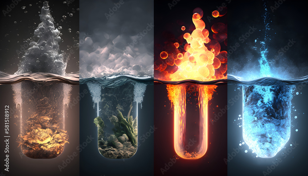 4 elements, background image in a mixed style, dark background and ...