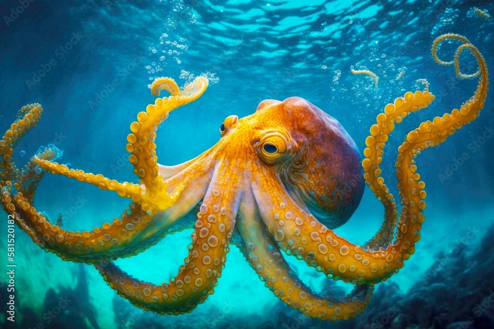 yellow orange octopus sea with spread tentacles in blue water with ...