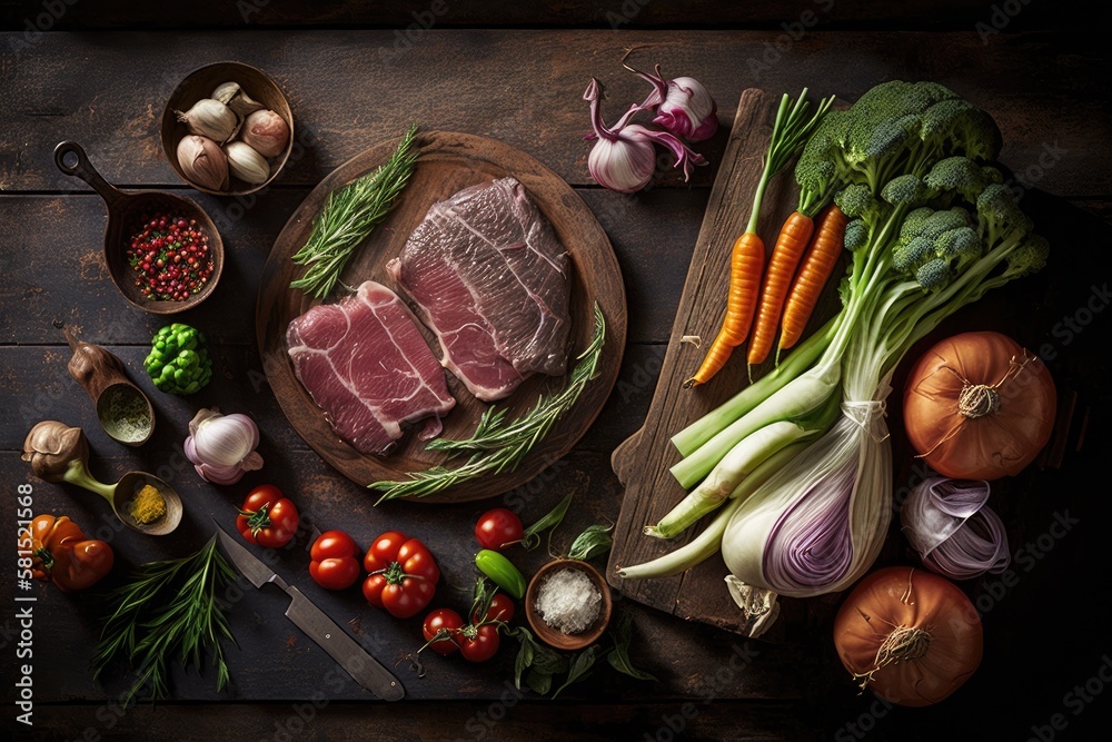 Fresh meats and vegetables for a balanced diet shown on a rustic table ...
