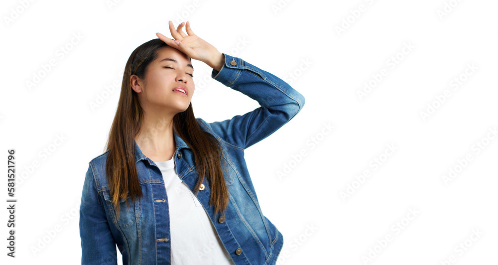 portrait of dizzy young asian woman fainting with hand on forehead ...