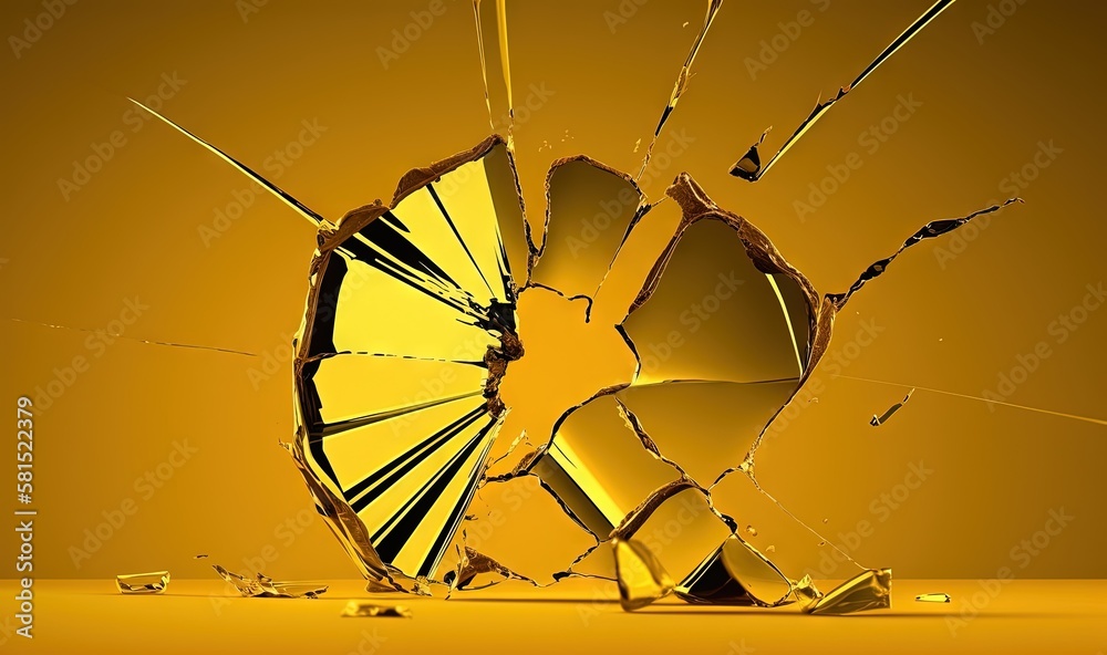 a broken glass with a yellow background and a yellow background with a ...