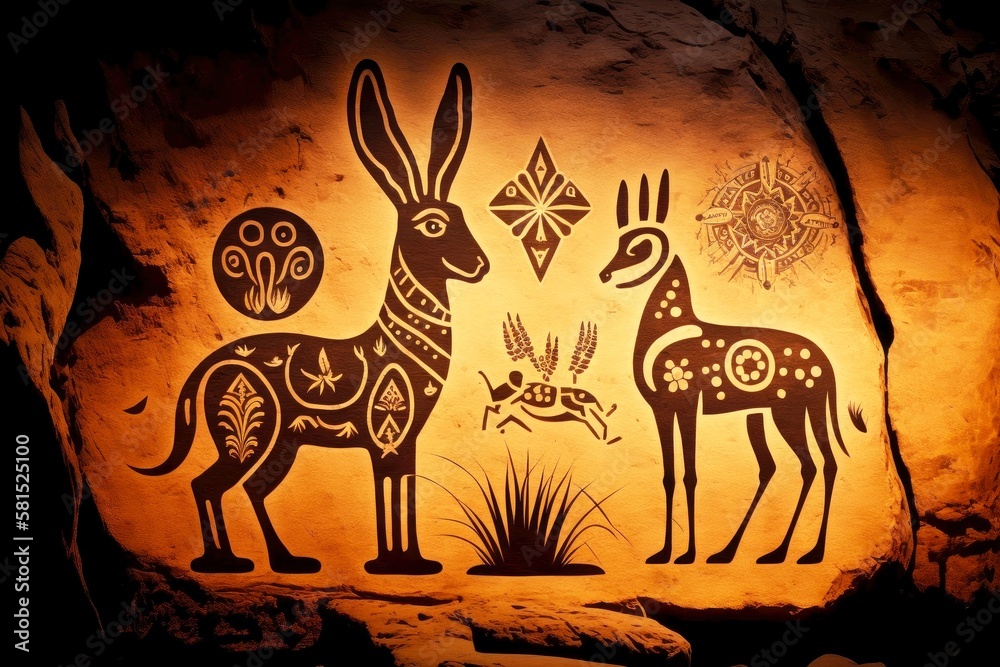 primitive animals petroglyphs indigenous art, created with generative ...