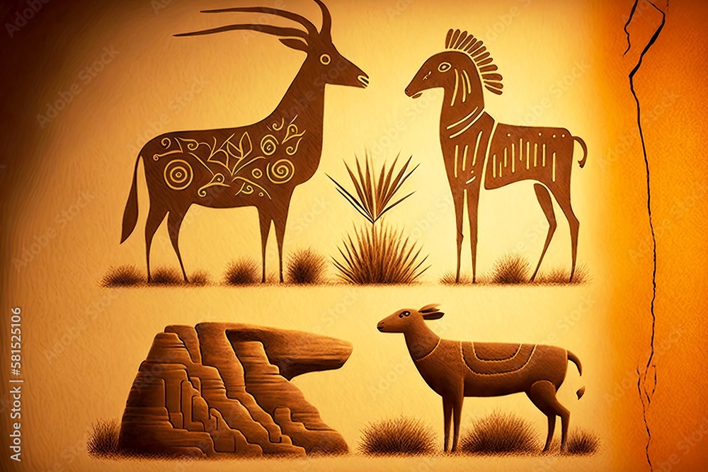 primitive animals petroglyphs indigenous art, created with generative ...