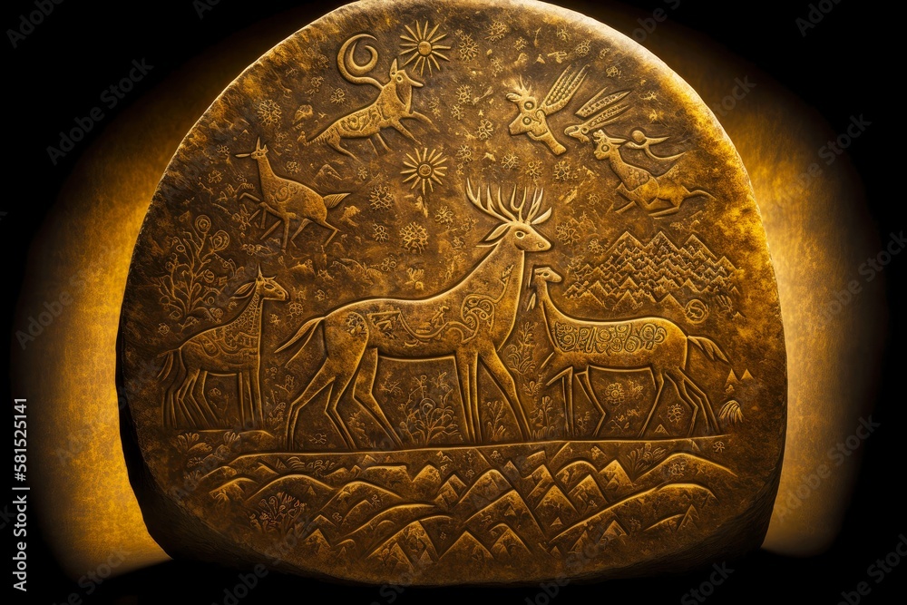 prehistoric petroglyphs on granite plate, created with generative ai ...