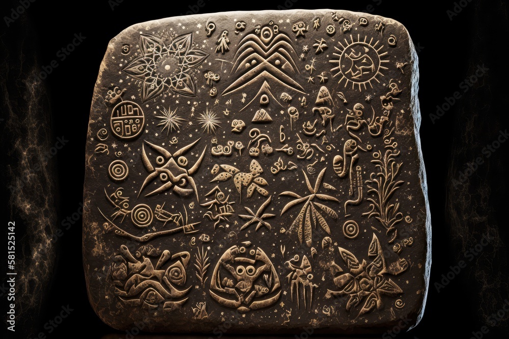 prehistoric petroglyphs on granite plate, created with generative ai ...