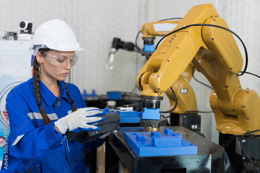 Automated manufacturing industries. Female engineer control autonomous ...