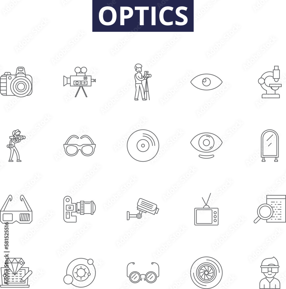 Optics line vector icons and signs. Light, Reflection, Refraction ...