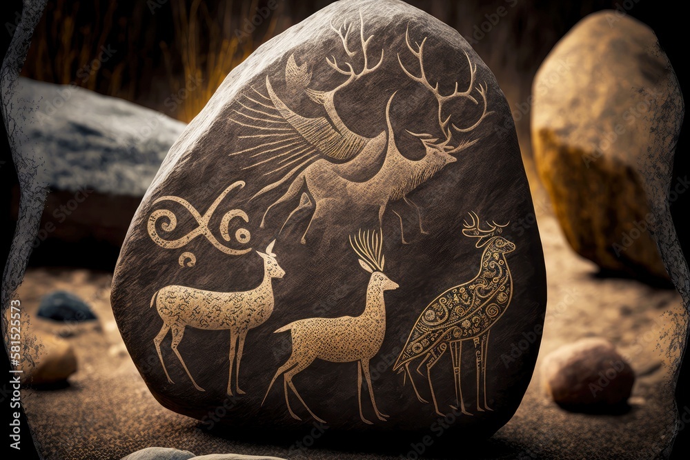mythical animals petroglyphs on rock stone, created with generative ai ...