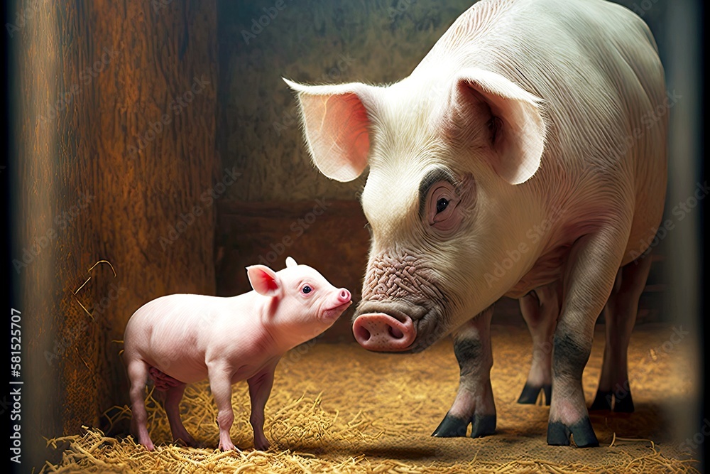 ภาพประกอบสต็อก big mom pig takes care of little baby at pig farm ...