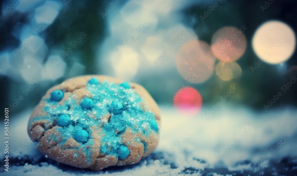 a cookie with blue sprinkles sitting on top of a snow covered ground in ...