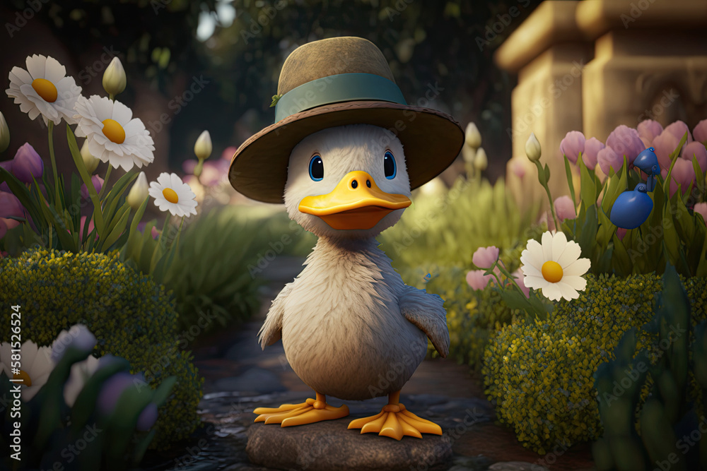 Cute Cartoon Story Book Duck Character in a Straw Hat in a Garden ...