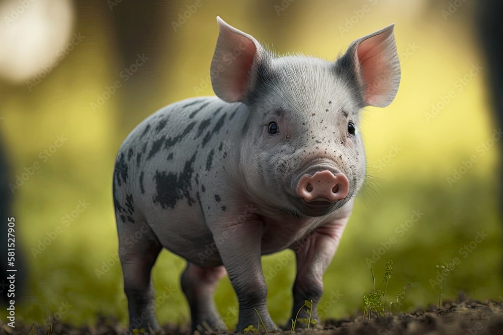 cute piglet with gray specks on back and sides runs around yard ...