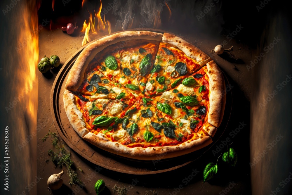 pizza baked on open fire in oven with fresh herbs and cheese, created ...
