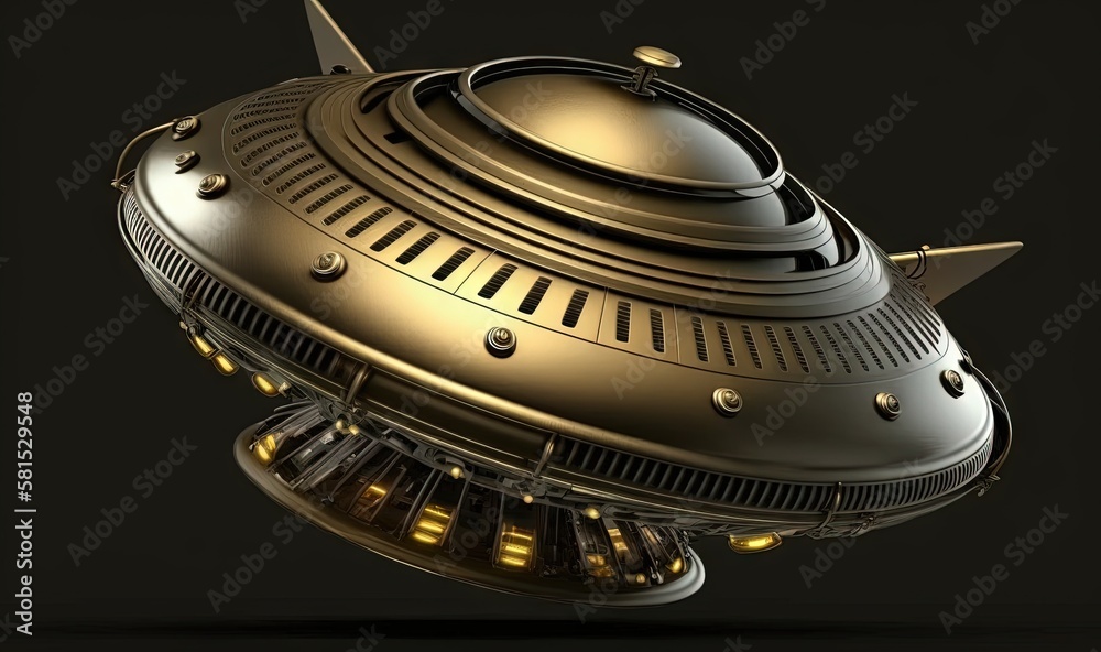 a golden model of an alien ship with lights on it's sides and a black ...