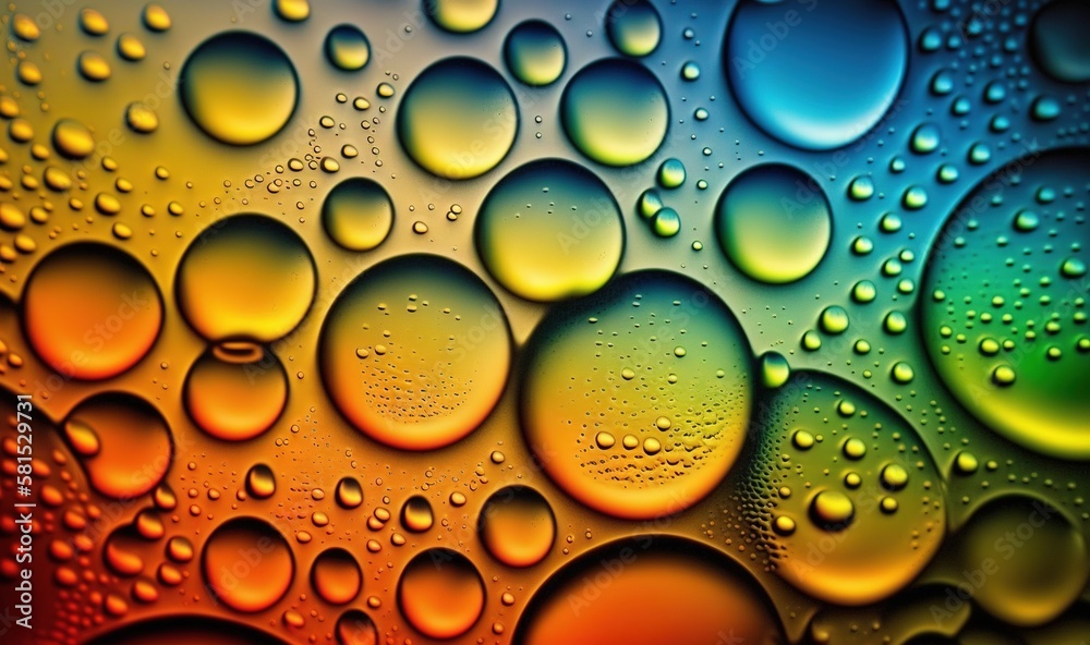a close up view of water droplets on a colorful surface with a rainbow ...